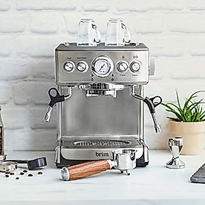 brim 19 Bar Espresso Machine, Fast Heating Cappuccino, Americano, Latte and Espresso Maker, Milk Steamer and Frother, Removable Parts for Easy Cleaning, Stainless Steel with Wood Accents