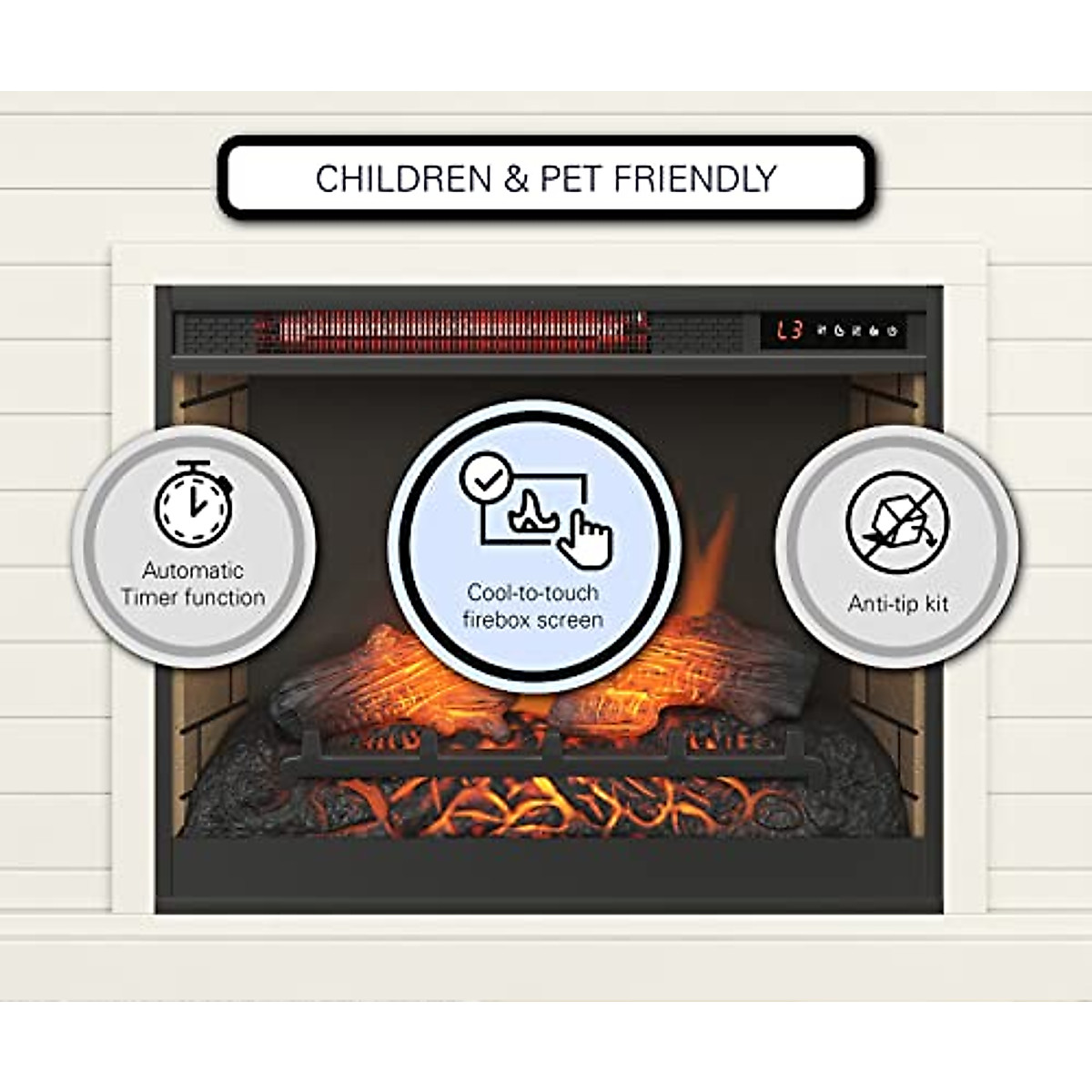 Bridgevine Home Electric Fireplace Mantel with Accent Wood Shelf and Surround, Realistic Logs and Flame Effect, Fireplace TV Stand, Adjustable LED Electric Heater with Remote Control, 48 Inch, White