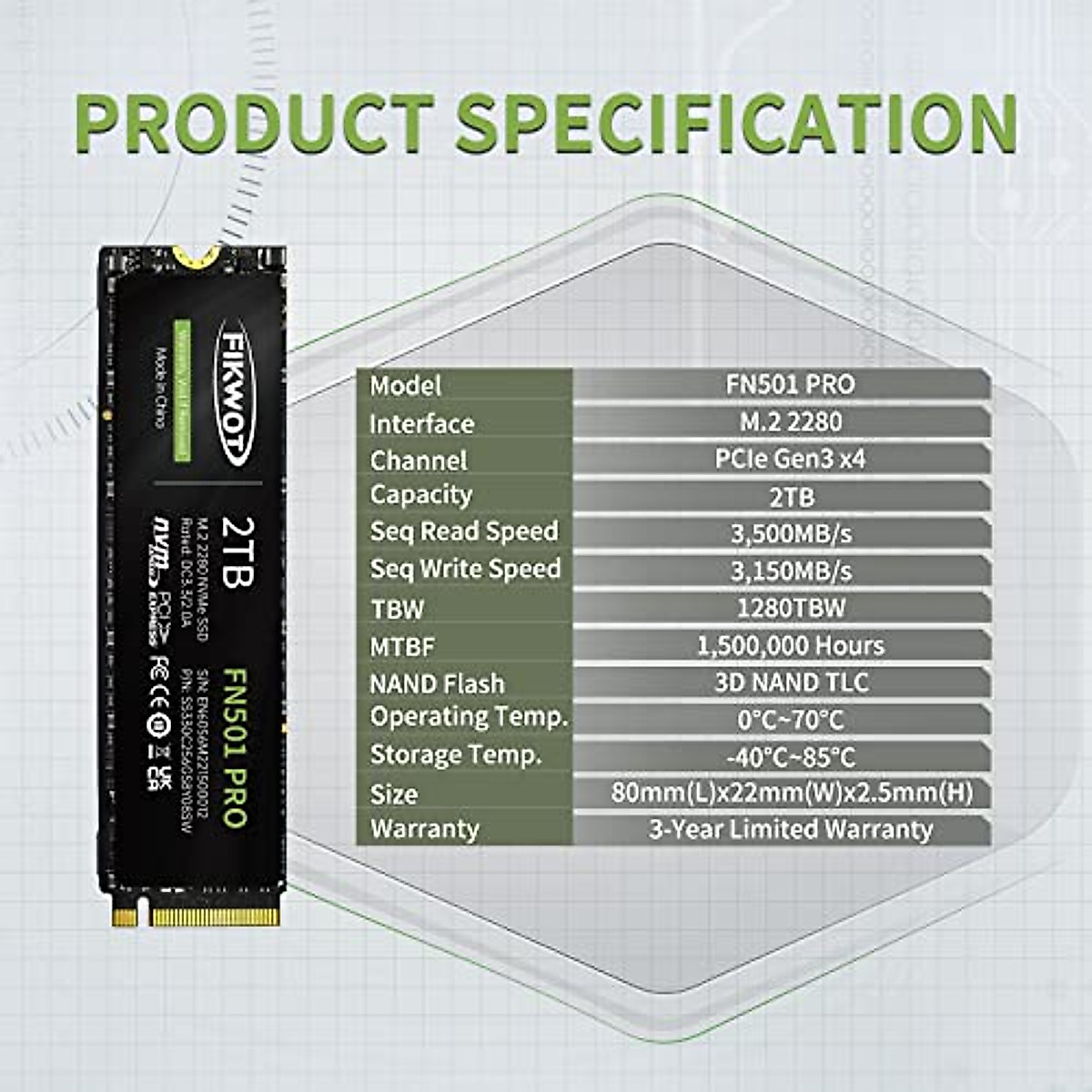 Fikwot FN501 Pro 2TB NVMe SSD - M.2 2280 PCIe Gen3 x4 Internal Solid State Drive with Graphene Cooling Sticker, Up to 3,500MB/s, SLC Cache 3D NAND TLC, Compatible with Laptop & PC Desktop