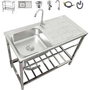 Free Standing Stainless Steel Sink,Commercial Restaurant Kitchen Sink Set,with Workbench Storage Shelves and Water Faucet,for Indoor Outdoor Laundry Garage