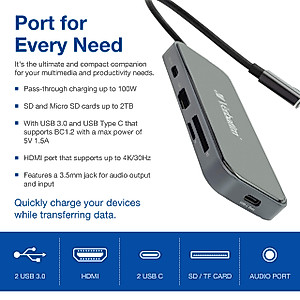Verbatim 8-in-1 USB C Hub w/Dongle - USB Hub for Laptop w/ 100W PD, 2 USB 3.0 Ports, 2 USB C Ports, SD Card Readers, HDMI, 3.5mm Audio Port, Compact USB-C Hub