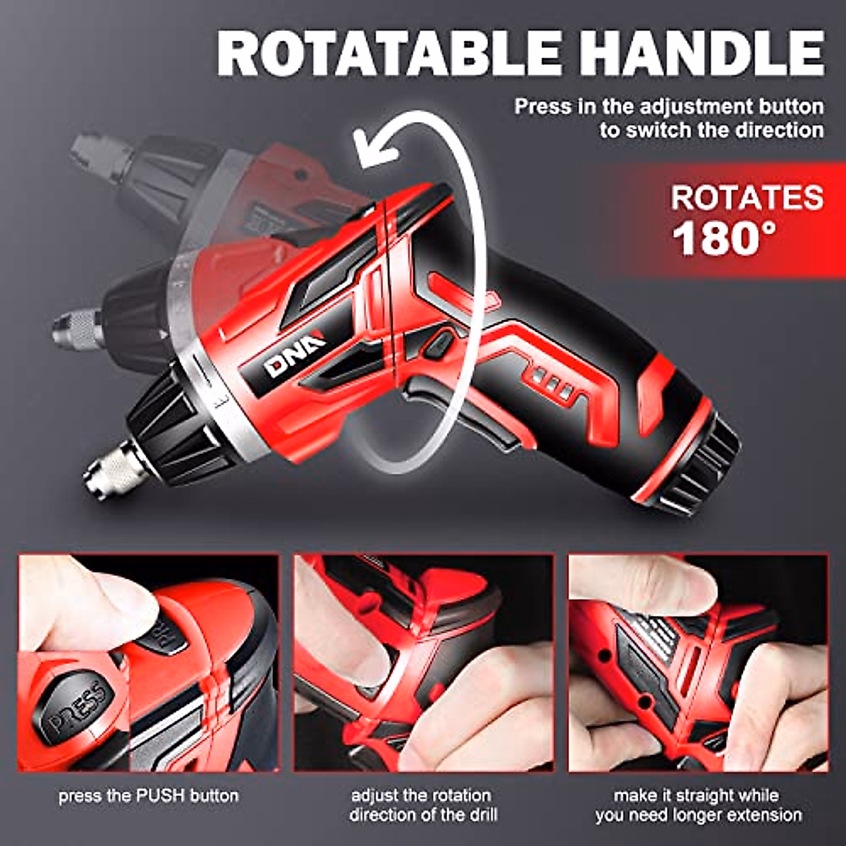 ‎DNA MOTORING TOOLS-00237 Rechargeable 3.6V Cordless Electric Screwdriver Tool Kit with LED Worklight, Red