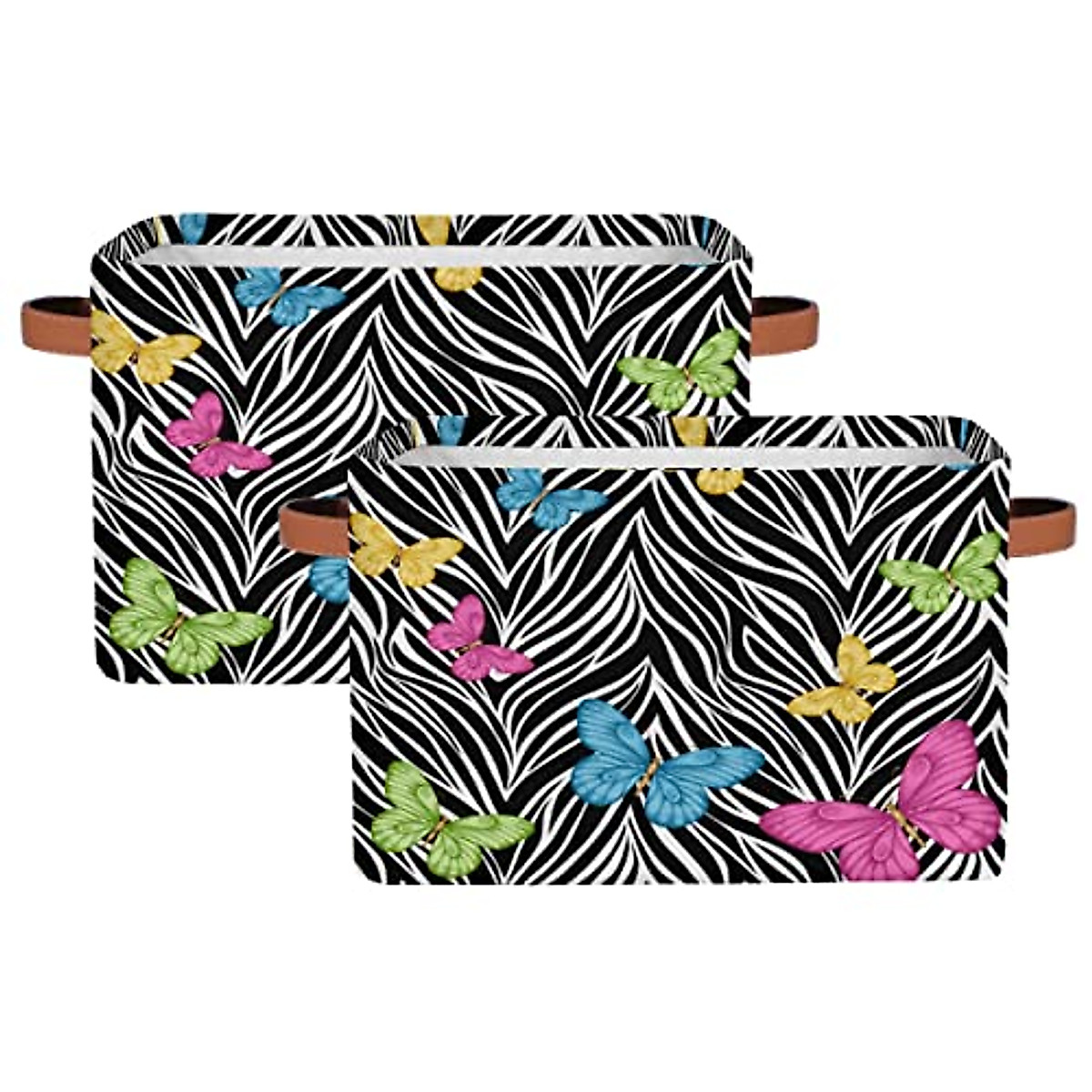 Large Collapsible Storage Bins ,Butterfly Zebra Pattern Decorative Canvas Fabric Storage Boxes Organizer with Handles，Rectangular Baskets Bin for Home Shelves Closet Nursery Gifts