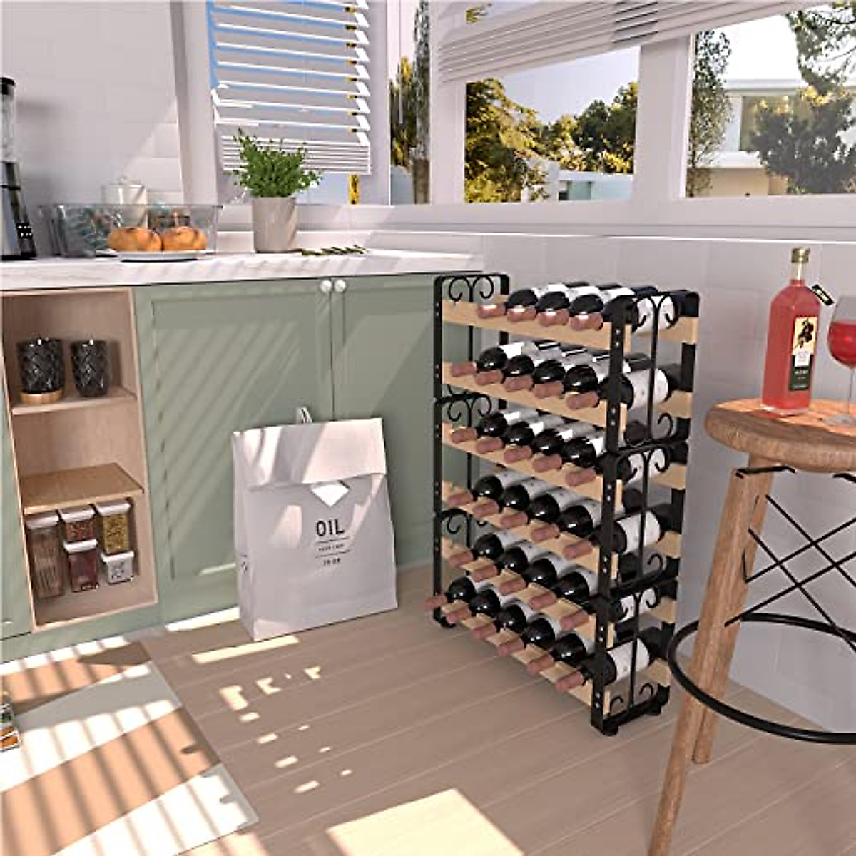 36 Bottles Wine Rack Freestanding Floor, 6-Tier Display Wine Bottle Holder Stand with Pine Shelf, Wobble-Free Wine Storage Rack for Pantry Organizer, Kitchen Bar, Countertop, Dinning Room, Natural