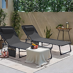 Flamaker Foldable Chaise Lounge Chair 5-Position Adjustable, Tanning Chair with Side Pocket, Outdoor Sunbathing for Pool, Beach, Patio, Lawn, Indoor Recliner Chair for Napping(Grey, 1 Pcs)