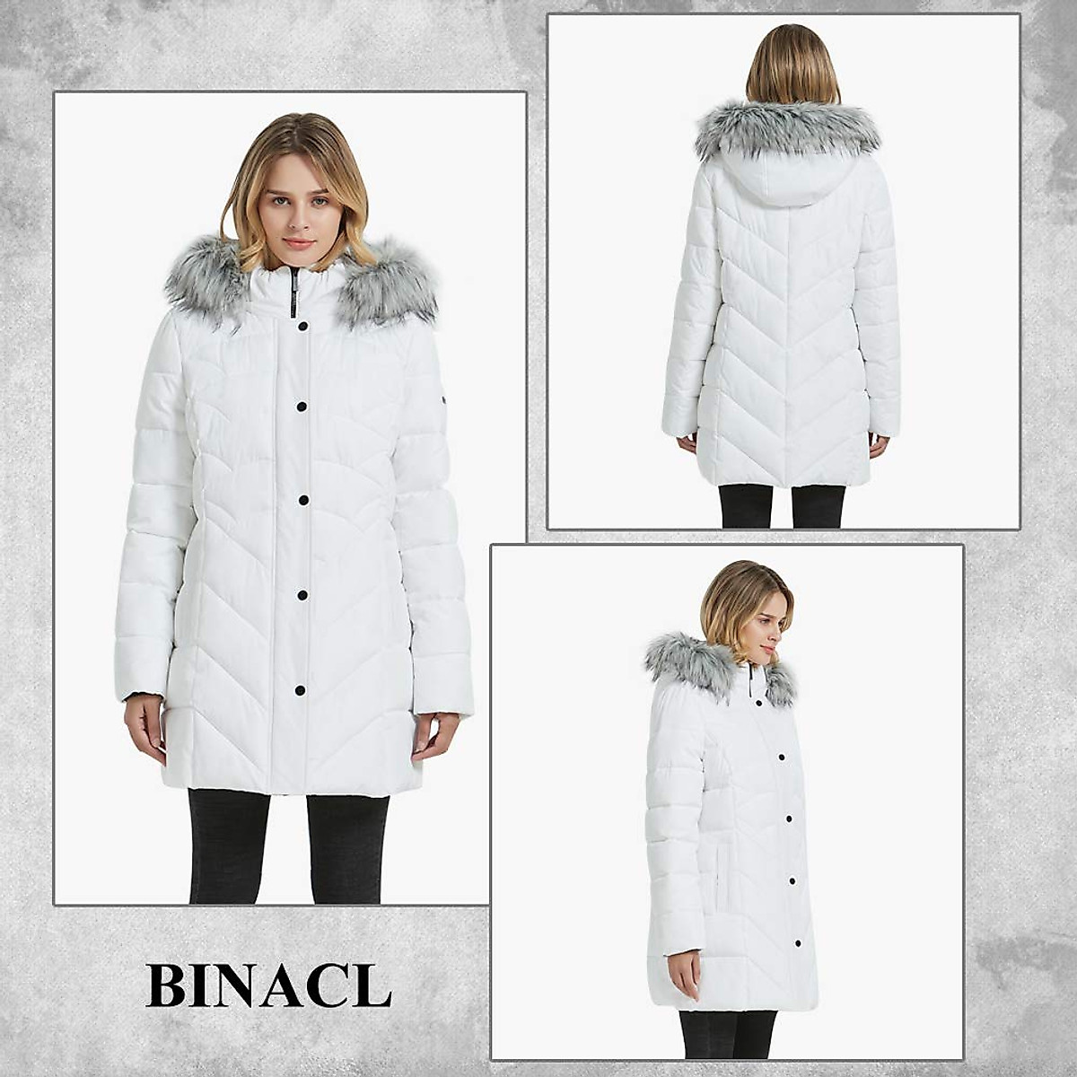 BINACL Long Hooded Down Alternative Overcoat, Sports Thermal Zip Up Thickened Jacket with Fur Trim Puffer 100% Polyester Weathered Motorcycle Softshell Cotton Padding Jacket for Girlfriend(White,M)