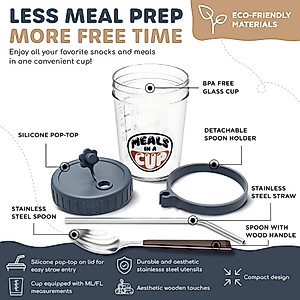 Meals In A Cup 2 Pack Overnight Oats Containers with Lids and Spoons - 16 Oz Glass Mason Jars for Overnight Oats, Leak Proof Oatmeal Container, Meal Prep Jars for Milk, Cereal, Yogurt, Fruit (Grey)