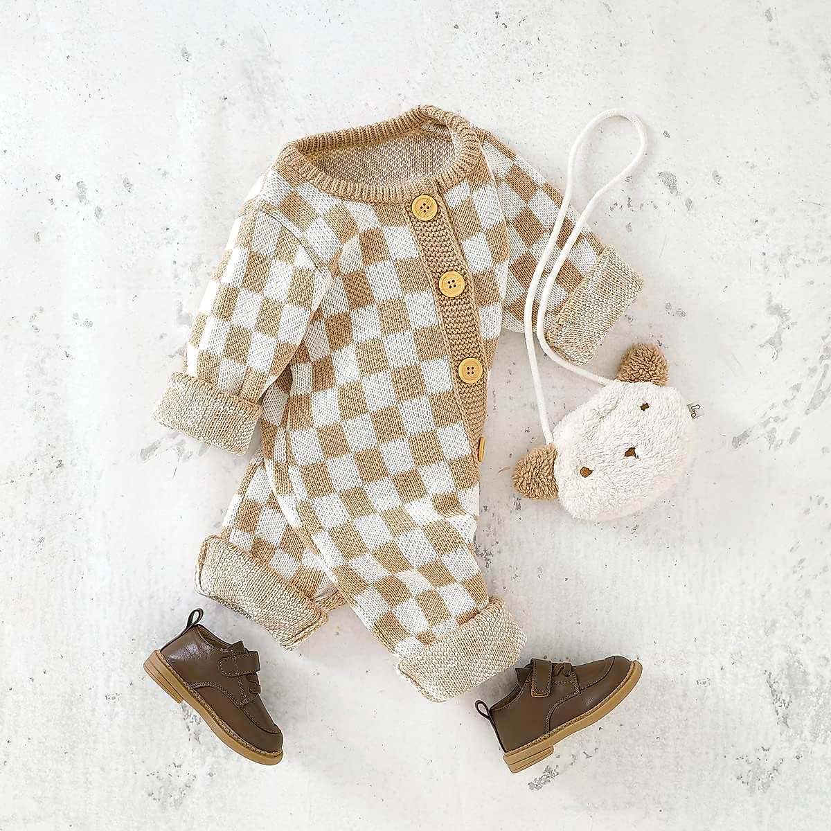 SAYOO Unisex Baby Girl Boy Knitted Romper Jumpsuit Checkerboard Plaid One Piece Button Down Sweater Playsuit Clothes (Camel, 0-3 Months)