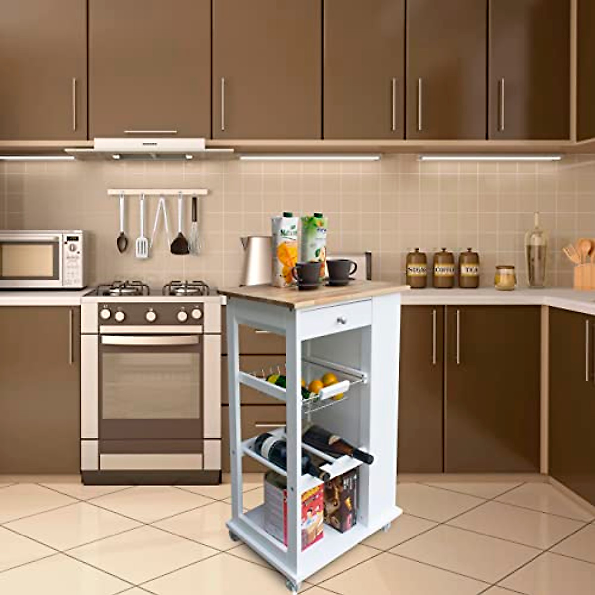 FUQIAOTEC 20" Small Size Rolling Mobile Kitchen Island, Kitchen Cart with Drawer and Storage Cabinet, Coffee Cart on Wheels, 3 Storage Wine Racks on The Side (White)