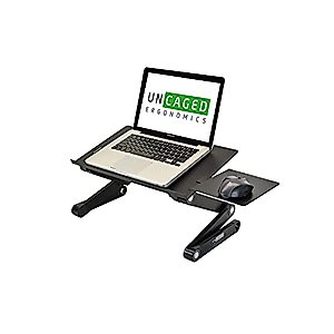 WorkEZ BEST Adjustable Laptop Stand Lap Desk for Bed Couch with Mouse Pad ergonomic height angle tilt aluminum desktop riser tray portable computer riser table cooler cooling folding holder black