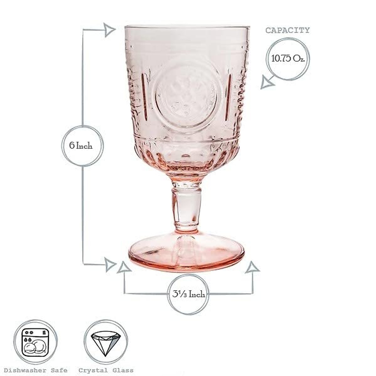 Bormioli Rocco Romantic Set Of 6 Stemware Glasses, 10.75 Oz. Colored Crystal Glass, Cotton Candy Pink, Made In Italy.