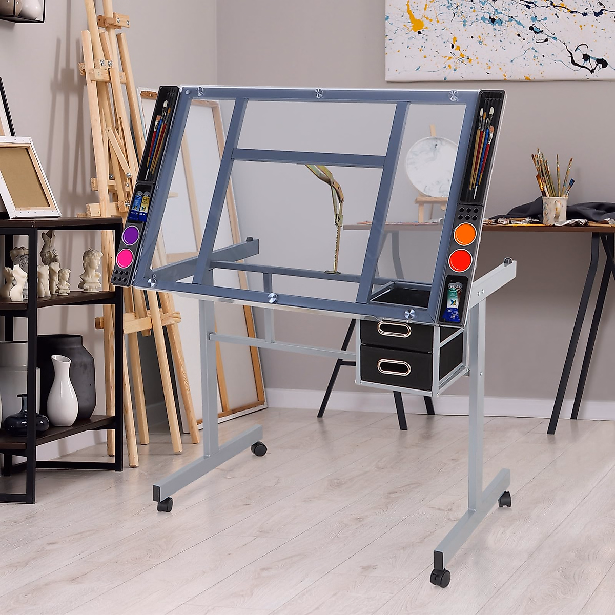 LEMY Drafting Table Adjustable Tilting Tabletop, Artist Drawing Desk with Slide Storage Drawers and Wheels, Art Craft Station for Home Office