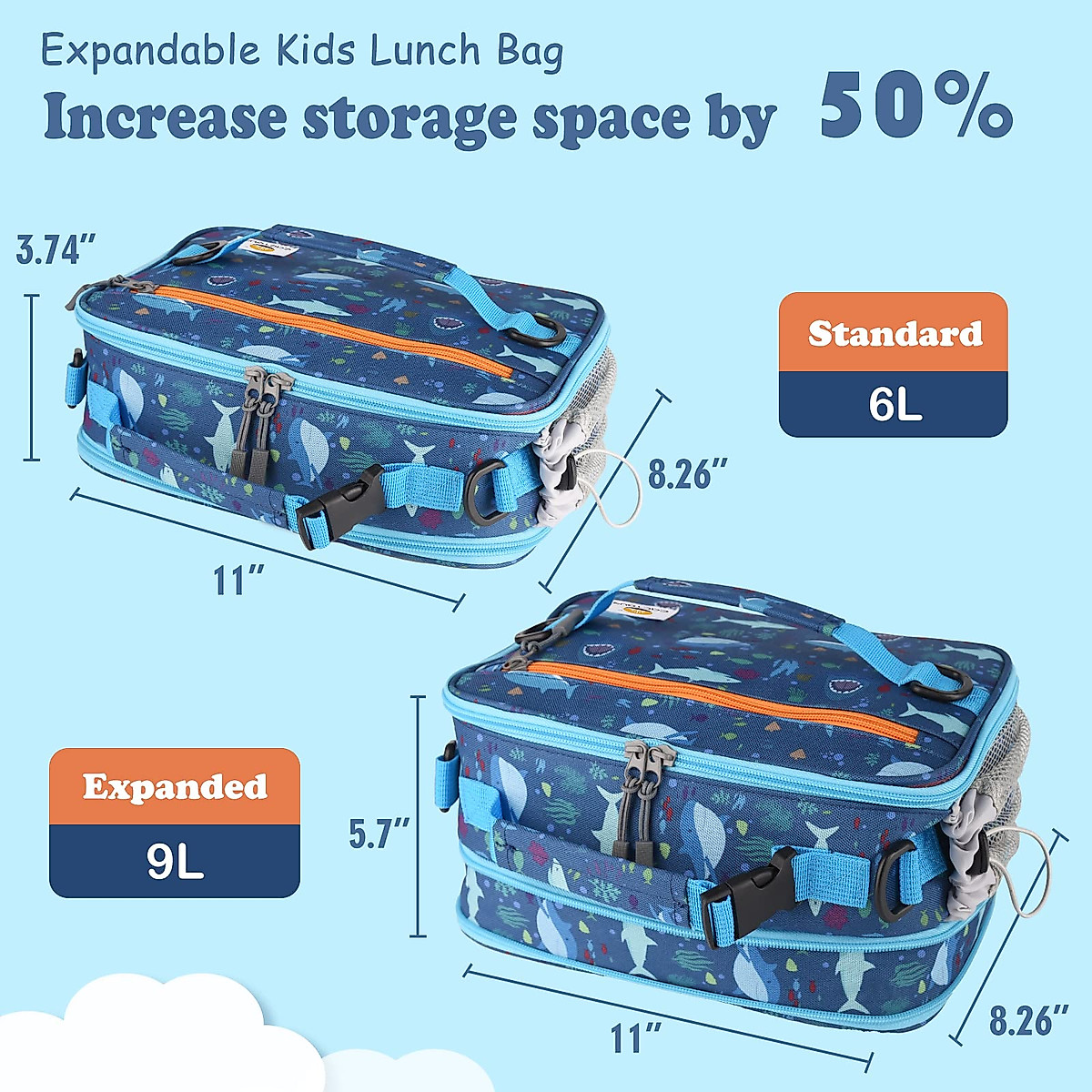 CaCTOUR Insulated Lunch Bag,Expandable Kids Lunch Box,Double Zipper & Lunch Bag Kids with Strap,Lightweight Reusable Lunch Tote Bag for Boys Girls,Meal Containers for School/Picnic (Shark)