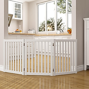 WELLAND Wooden Freestanding Pet Gate, 24 Inch 3 Panel Step Over Fence, Expands Up to 60" Wide, Foldable Indoor Dog Gate Puppy Safety Fence, White