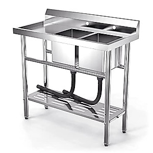 VINGLI 39" W 2 Compartment Commercial Sink with Drainboard, Double Basin Sink and A Shelf Underneath, 304 Stainless Steel Table with Sink, Freestanding Utility Sink and Countertop for Restaurant, Shop