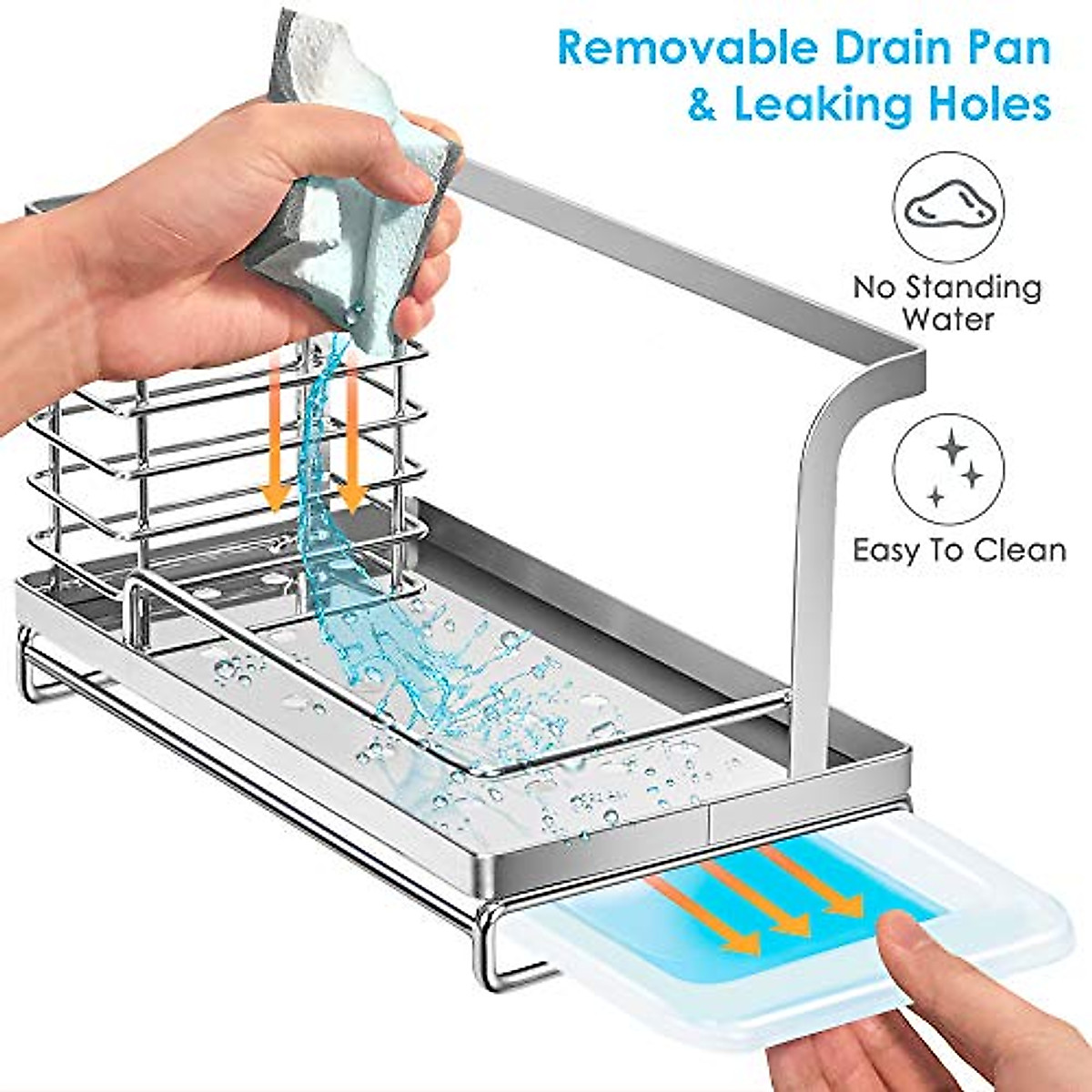 Nieifi Sink Caddy Organizer Countertop Sponge Brush Soap Holder with Drain Pan Stainless Steel for Kitchen