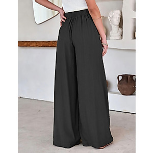 MUSIDORA Black Wide Leg Pants for Women Black Slacks Women Casual Drawstring Linen Slacks Travel Beach Boho Flowy Stretchy Petite (Black L)