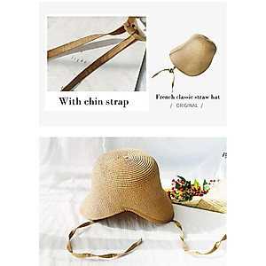 F FADVES French Straw Bonnet Cap for Women Victorian Sun Hat Chin Strap Foldable Light Khaki