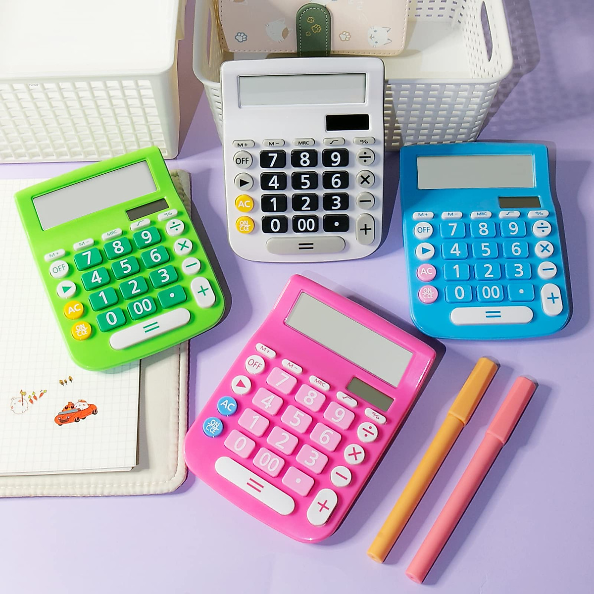 Calculators Desktop, Large Display Big Button, Solar and Battery Dual Power, 12 Digit Small Basic Standard Functional Calculator Cute for Office, Home, School (Pink)
