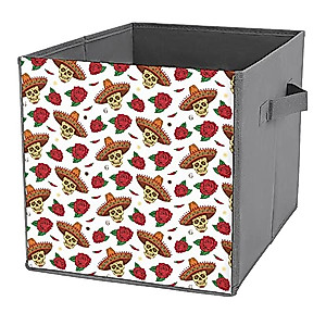 Mexico Candy Skull Rose Collapsible Storage Bins Basics Folding Fabric Storage Cubes Organizer Boxes with Handles