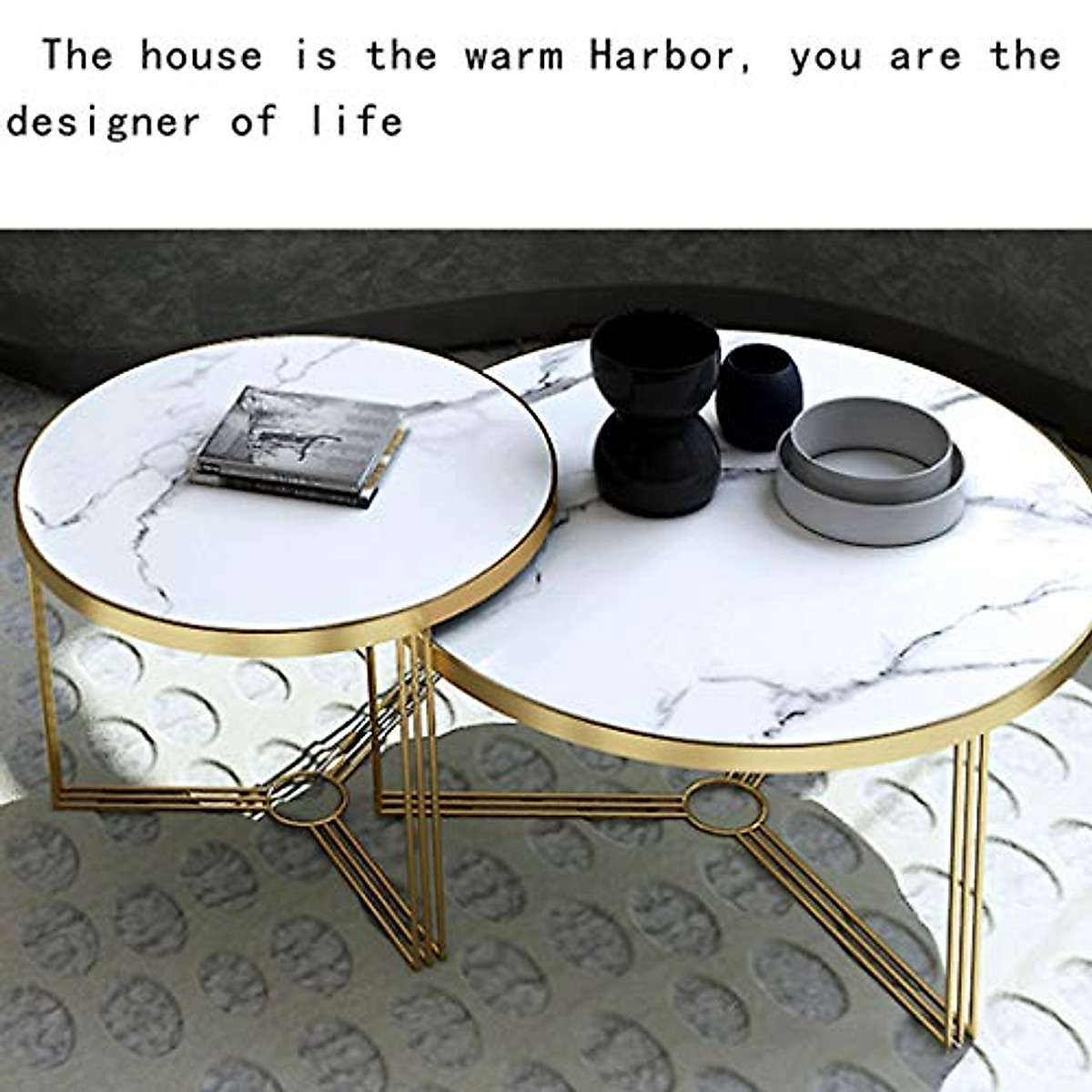 2 Piece Round Nested Coffee Table, Artificial Marble Tabletop Metal Frame Coffee Table for Living Room, Small Side Coffee Table