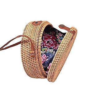 Yunno Handwoven Round Rattan Bag Tropical Beach Style Woven Shoulder Rattan Bag with Leather Strap