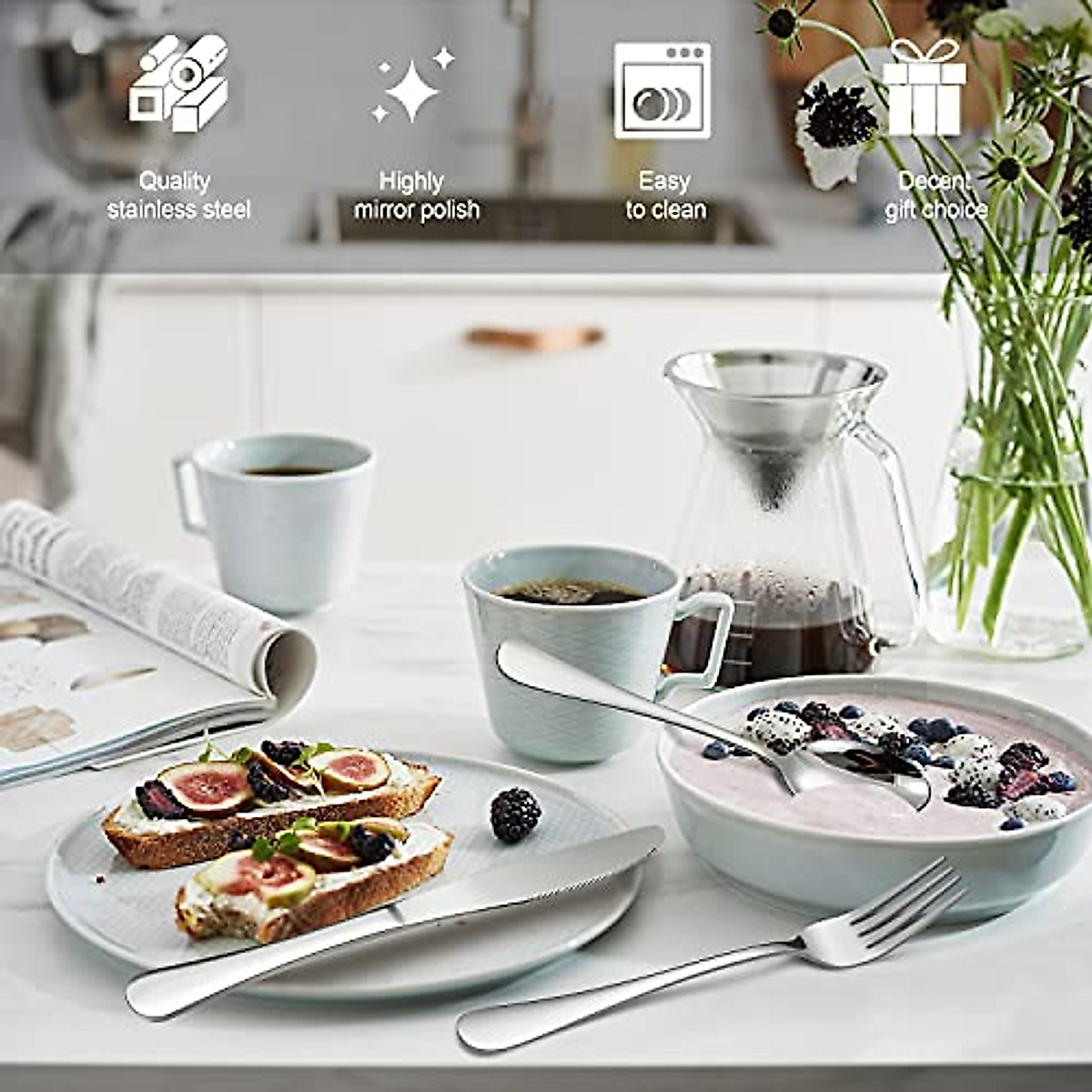 HaWare 68 Pieces Silverware Set with Serving Set, Stainless Steel Modern Flatware Eating Utensils Set, Includes Forks/Spoons/Dinner Knives, Service for 12, Mirror Polished, Dishwasher Safe