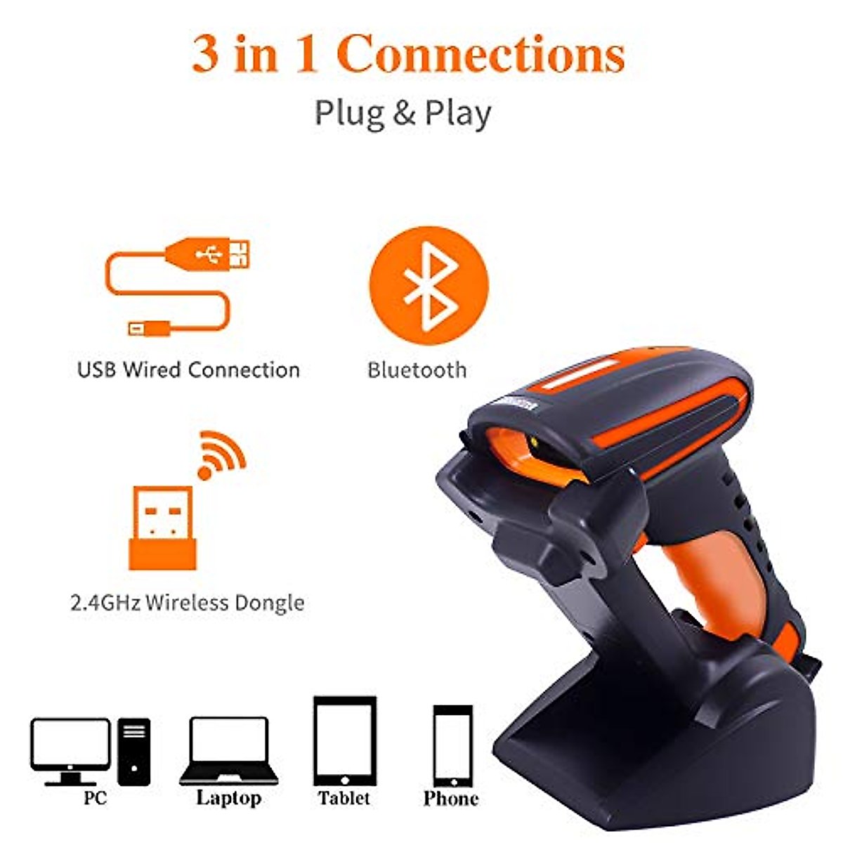 Symcode Bluetooth 2D QR Barcode Scanner with Stand,Industrial Dustproof and Waterproof 3 in 1 Compatible with Bluetooth & 2.4GHz Wireless & Wired Connection with Vibration Alert
