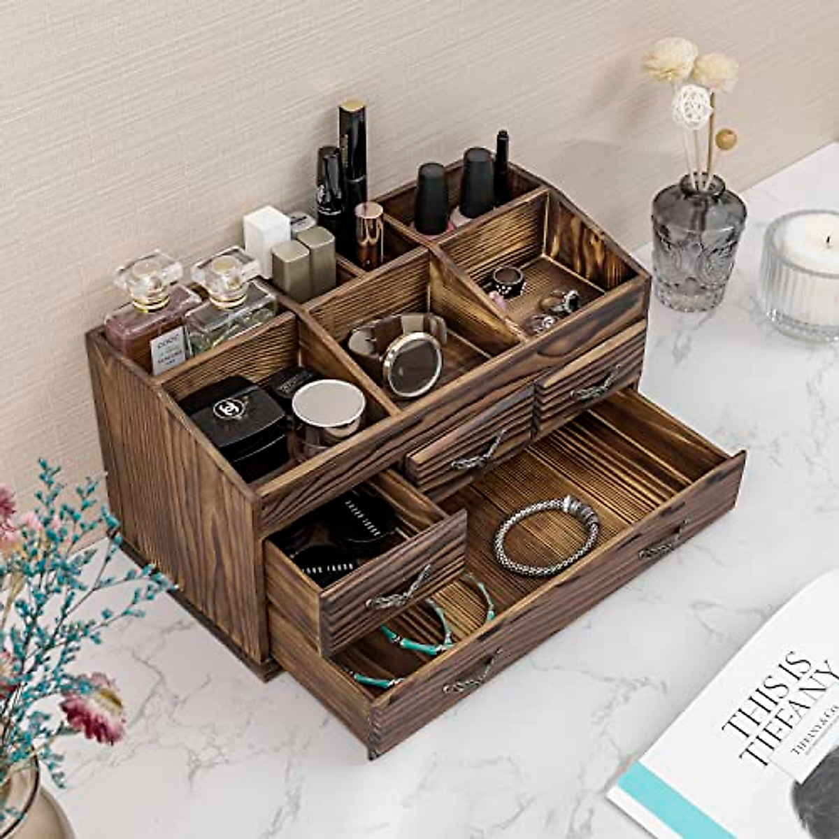 MyGift 7 Compartment Rustic Burnt Brown Wood Vanity Organizer Rack with 4 Storage Drawers for Jewelry, Perfume, Cosmetics and Hair Accessories