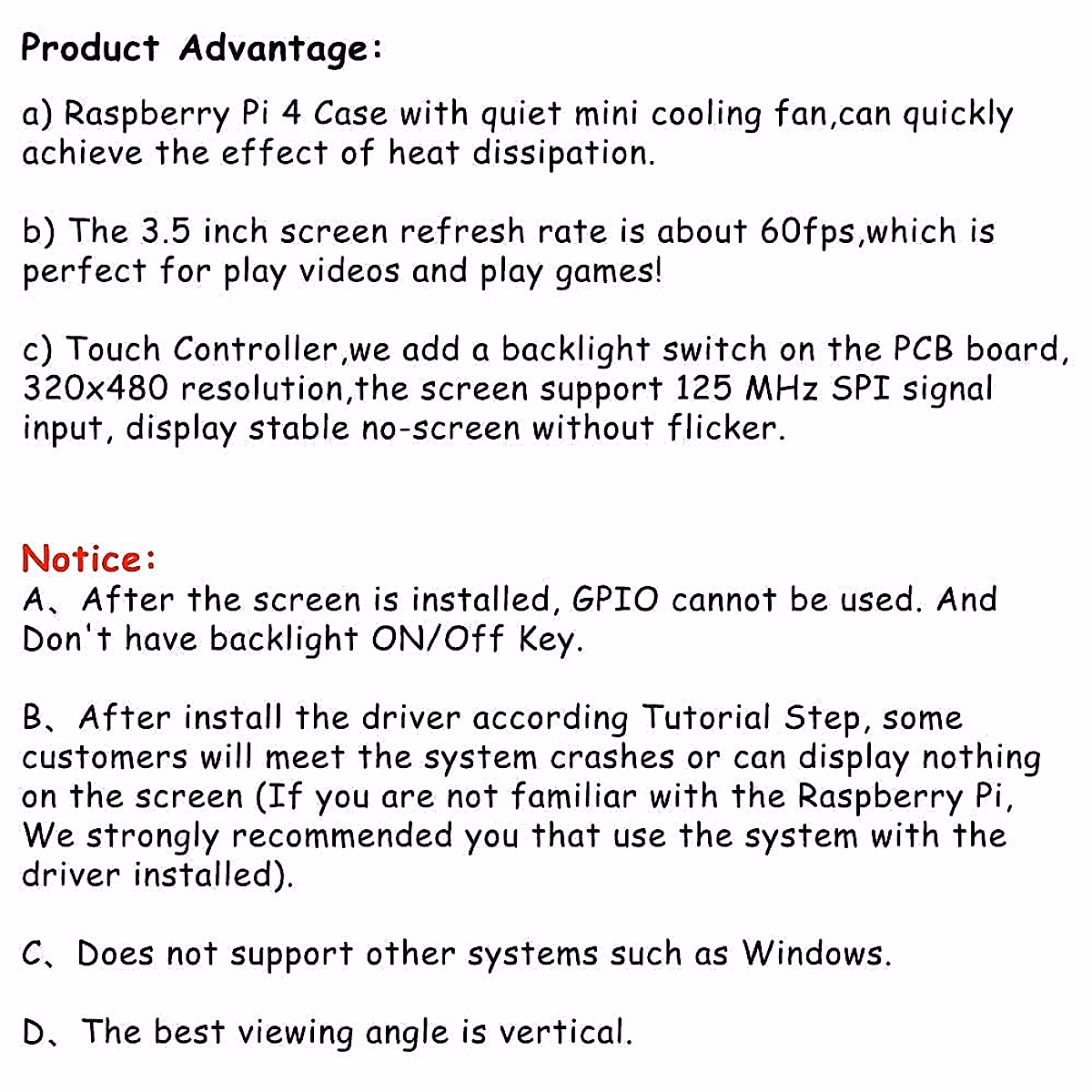 for Raspberry Pi 4 TFT 3.5 inch Touch Screen with Case, Mini Cooling Fan and Heatsink, 480x320 Resolution 60fps Monitor LCD Display