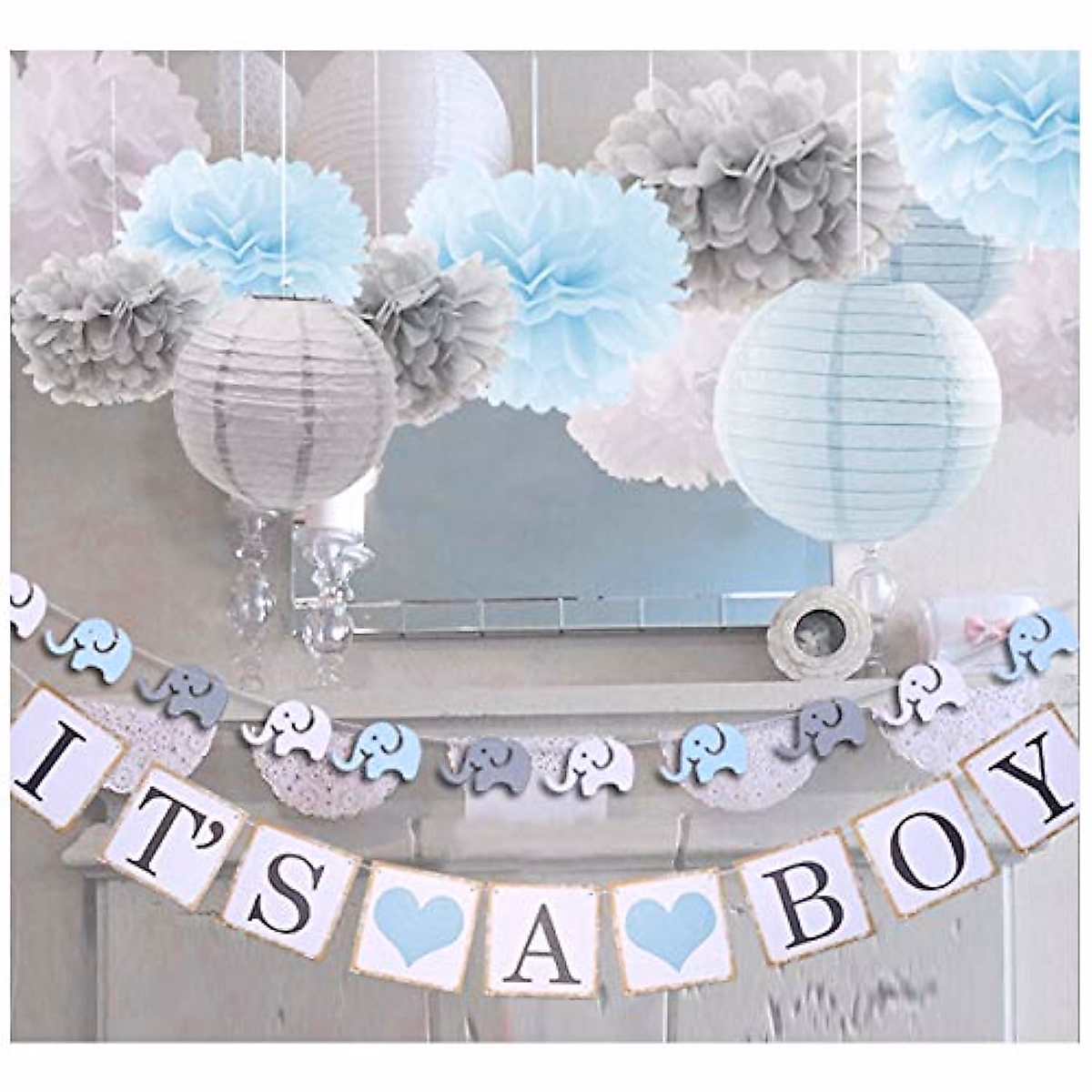luckylibra Boy baby shower decorations, It is a Boy Banners Elephant Garland and Paper Lantern Paper Flower Pom Poms （Blue White Grey）