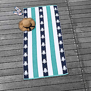cabanana Plush Oversized Beach Towel - Cotton Fluffy 35 x 70 Inch Feldspar Blue Jacquard Turtle Striped Pool Towel, Large Summer Swim Cabana Towel