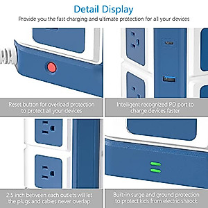 PD 20W USB C Power Strip with Wireless Charger BESTEK 8-Outlet Surge Protector and 30W 3-Port USB Charging Dock Station,4000 Joules,ETL Listed,Dorm Room Accessories (8AC+3USB+Wireless Charger-Blue)