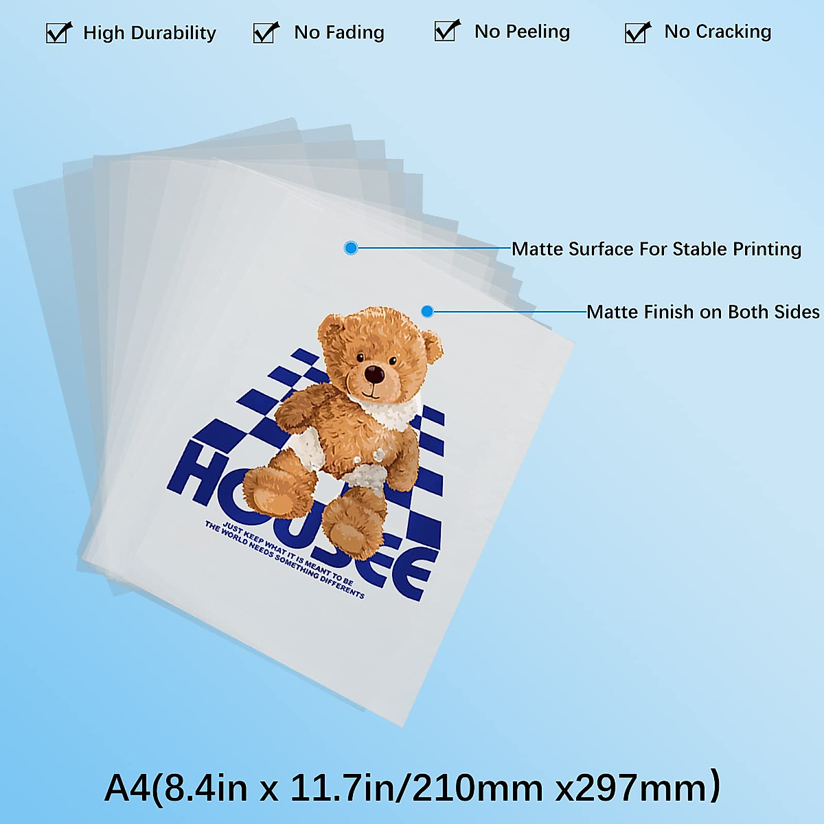 REFFU DTF Transfer Film, 50 Sheets A4(8.4" x 11.7") Double -Side Matte Clear Pretreat Film for Screen Printing, PET Heat Transfer Paper for Epson Inkjet DTF Printer Direct Print on T Shirts Textile