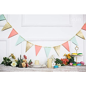 Glitter Gold Mint Coral Party Banner Decoration Anniversary Graduation Supplies Paper Garland Pennant for Baby Shower Birthday Party Nursery Anniversary Decorations 10 Feet 15 Pcs (Gold Coral Mint)
