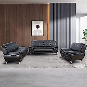 EZLUX Modern 3-Piece Faux Leather Sofa Set Living Room Furniture, with Sturdy Leg Support, Including Three-Seater Couch, Loveseat and Single Chair, Black
