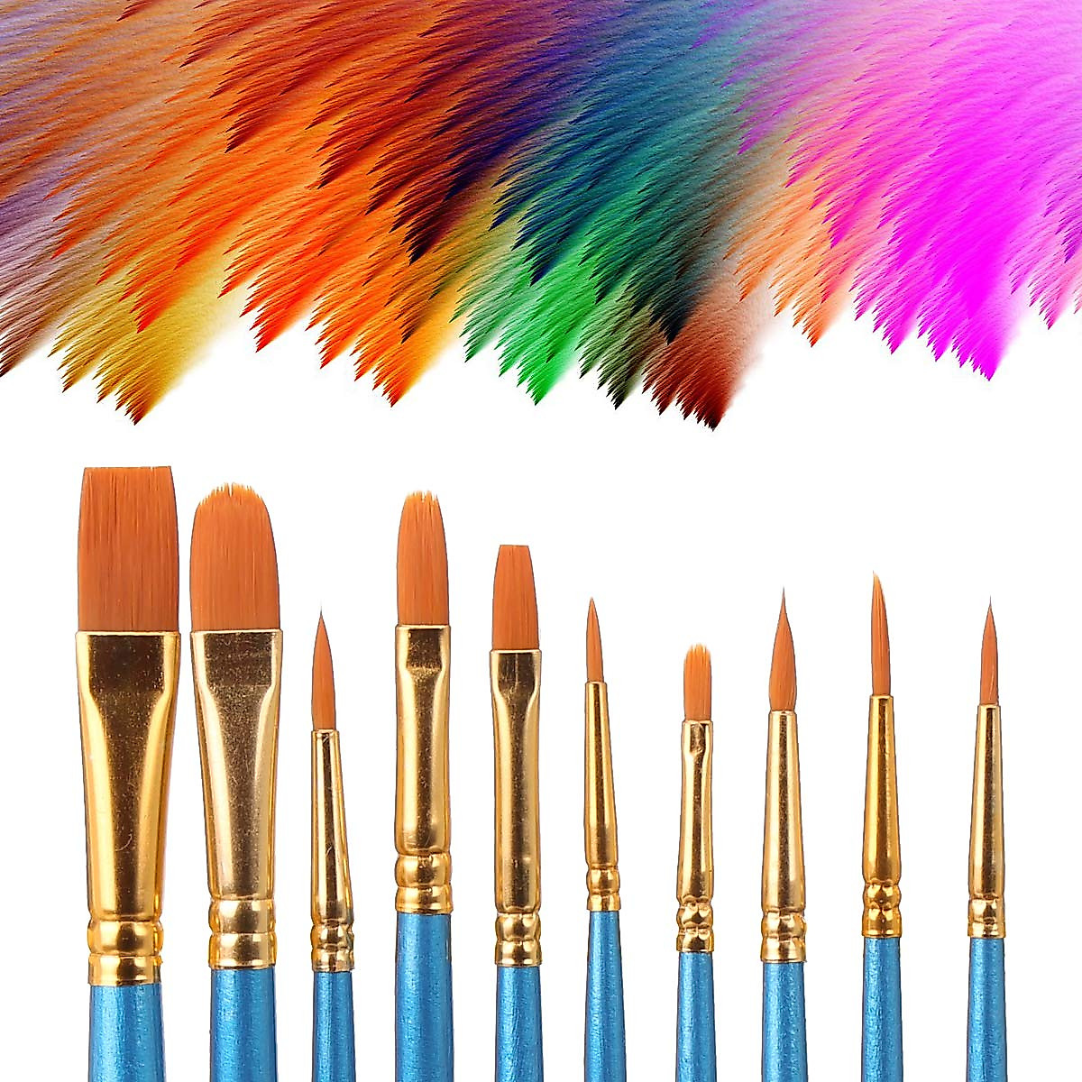 Elisel Paint Brush Set, 10 pcs Nylon Hair Art Paint Brushes for Acrylic Painting for Acrylic Oil Watercolor, Face Nail Art, Miniature Detailing and Rock Painting (Blue)