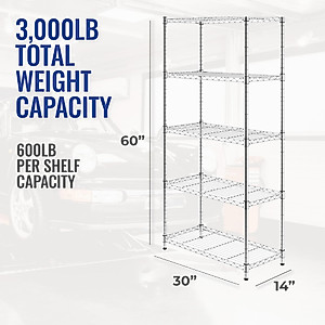 SafeRacks - NSF Certified Storage Shelves, Zinc, Heavy Duty Steel Wire Unit with Adjustable Feet, Garage or Bakers Rack, Kitchen, Pantry Shelf - (14"x30"x60" 5-Tier) (Silver)