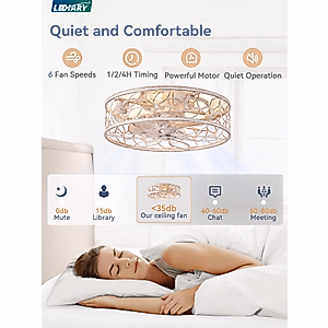 LEDIARY Caged Ceiling Fans with Lights, White Flush Mount Ceiling Fan with Remote, Small Low Profile Bladeless Ceiling Fan Light Fixture for Bedroom, Kitchen, Dining Room-White Gold Color