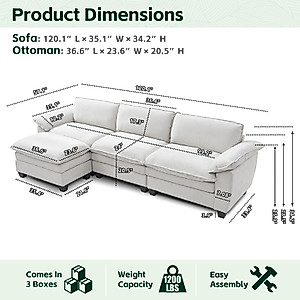 mestyl Comfy Sectional Couch with Ottoman, L Shaped 3 Deep Seat Fluffy Cloud Sofa, 120" Modern Modular Soft Couches Set for Living Room, Chenille, Beige White, MT001