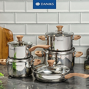 Daniks Oslo Stainless Steel Stock Pot with Glass Lid | Induction 2 Quart | Dishwasher Safe Pot | Heatproof Handles | Soup Pasta Stew Pot | Silver