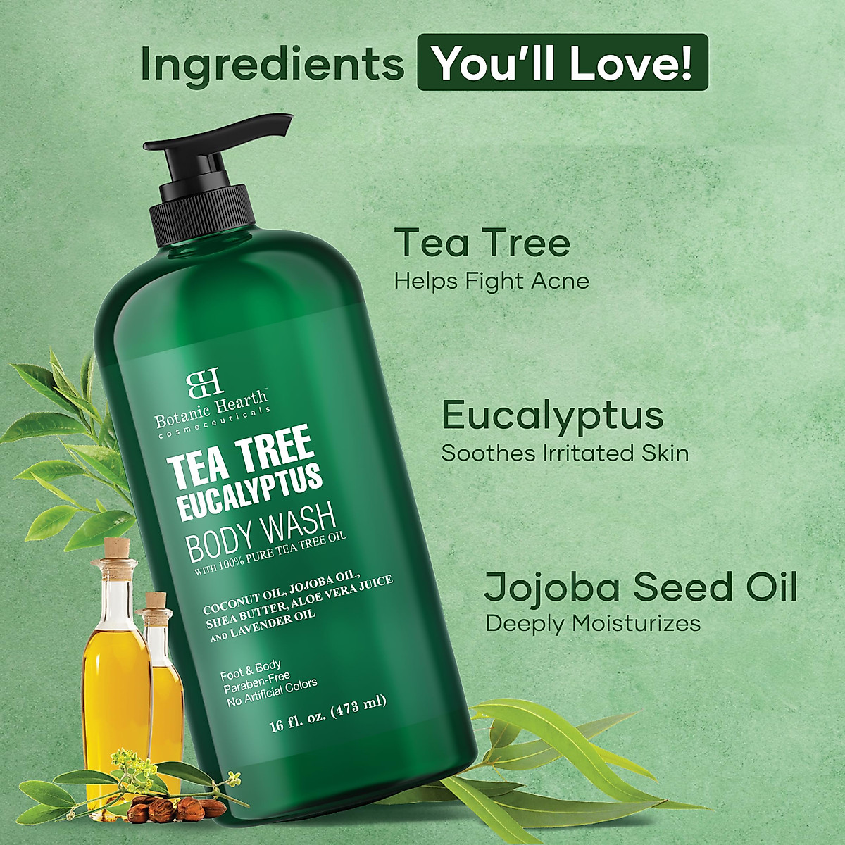 Botanic Hearth Eucalyptus & Tea Tree Body Wash - 16 fl oz - Helps Soothe Skin, Refreshing and Invigorating, Cleansing Shower Gel for Men and Women - Sulfate Free, Paraben Free