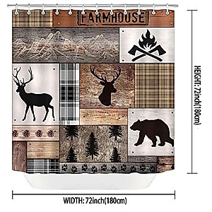 Dia Magico 4PCS Cabin Shower Curtain Set, Mountain Pine Tree Buffalo Plaid Bear Deer Elk Moose Forest Wildlife Woodland Animals Hunting Lodge Country Rustic Farmhouse Bathroom Decor, Non-slip Bath Mat