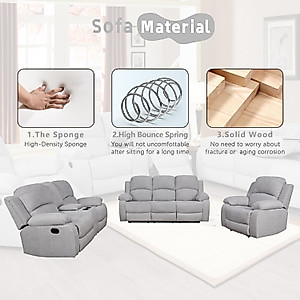 We Own Linen Recliner Sofa Set 3 PCS Motion Sofa Loveseat Recliner Sofa Recliner Couch Manual Reclining Chair for Living Room (3 Piece Set) (Grey)