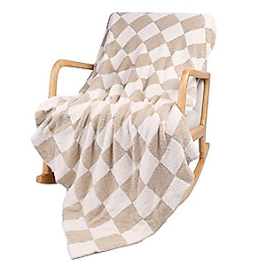 QQP Checkered Throw Blanket,Soft Cozy Microfiber Reversible Checkerboard Fluffy Throw Blanket,50X60In Blanket for Home Bed Couch.（Camel&White）