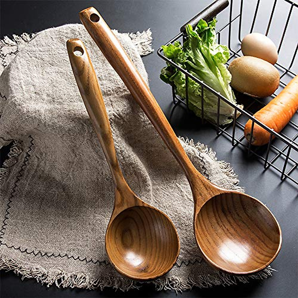 2 Pcs Wooden Spoon Ladle for Cooking Spoons-14 inch Long Kitchen Cooking Spoon & 11 inch Best Wood Spoons Large Deep Serving Spoons Soup Ladles Set