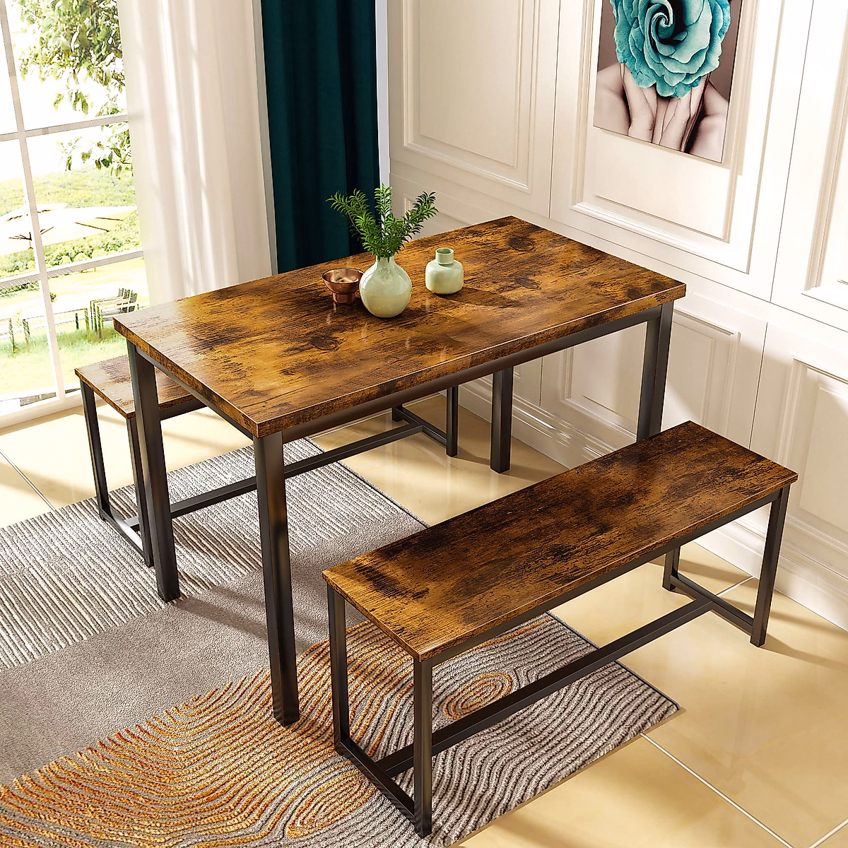 AWQM Dining Room Table Set, Kitchen Table Set with 2 Benches, Ideal for Home, Kitchen and Dining Room, Breakfast Table of 43.3x23.6x28.5 inches, Benches of 38.5x11.8x17.5 inches, Rustic Brown