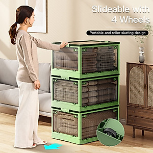 submatches Collapsible Lided Storage Box,Transparent Plastic Folding Box with 5 Doors Opening,54L Stackable Folding Bins with 4 Wheels,Green,1 Pack