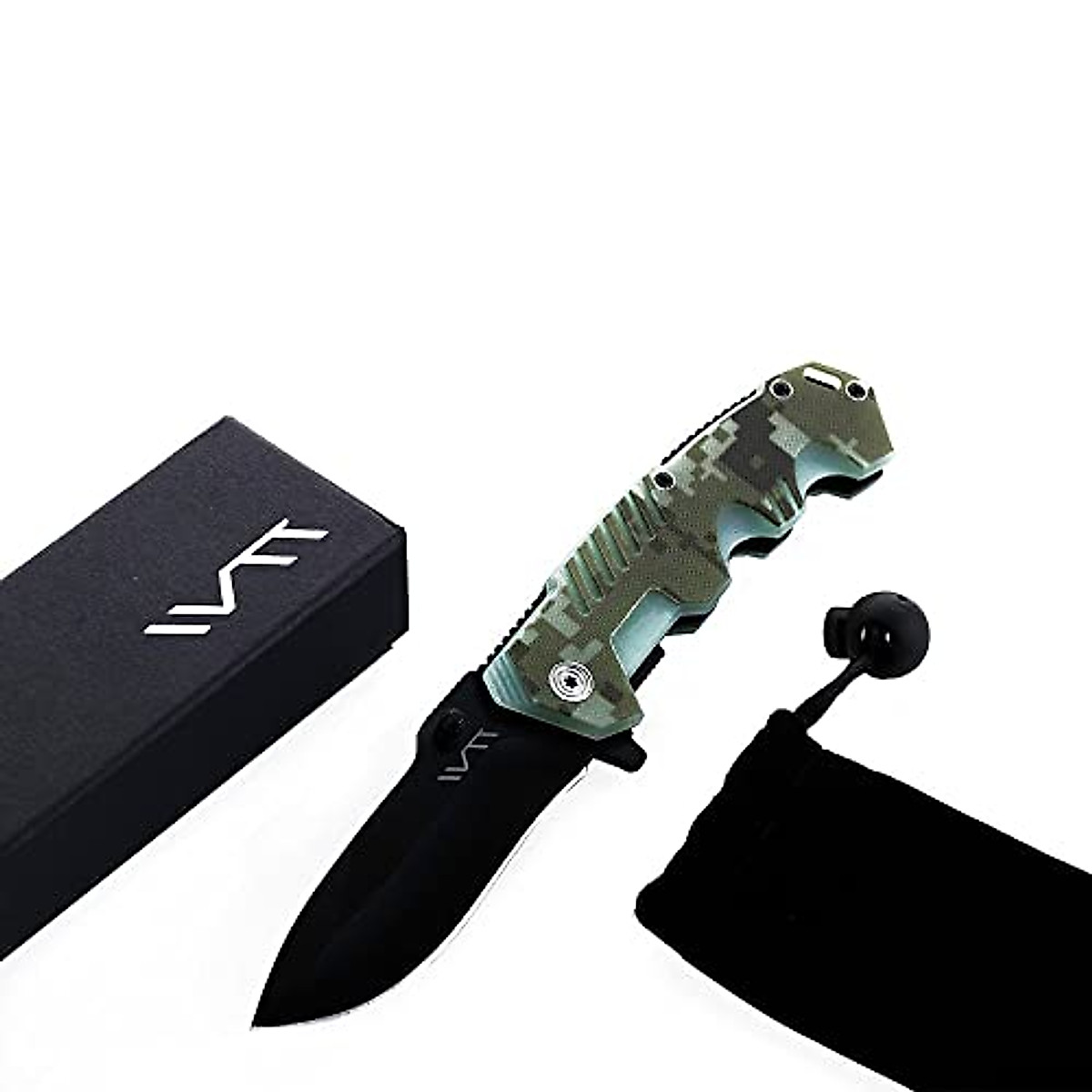 BGT Folding Pocket Knife 3.4 Inch Black Blade and Lightweight G10 Handle Survival Tool Knives Carry Velvet Bag, Sharpener (Camo)