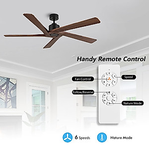WINGBO 54 Inch DC Ceiling Fan without Lights, 5 Reversible Carved Solid Wood Blades, 6-Speed Noiseless DC Motor, Ceiling Fan No Light with Remote, Matte Black Finish with Walnut Blades, ETL Listed